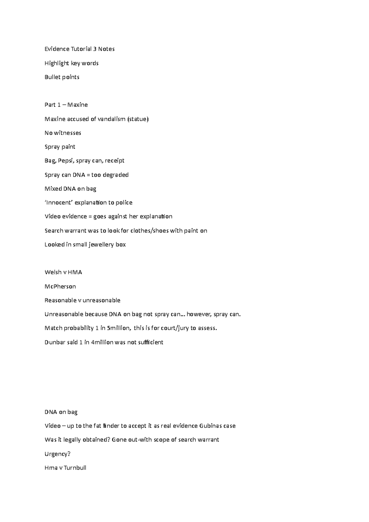 Evidence Tutorial 3 Notes - Evidence Tutorial 3 Notes Highlight key ...