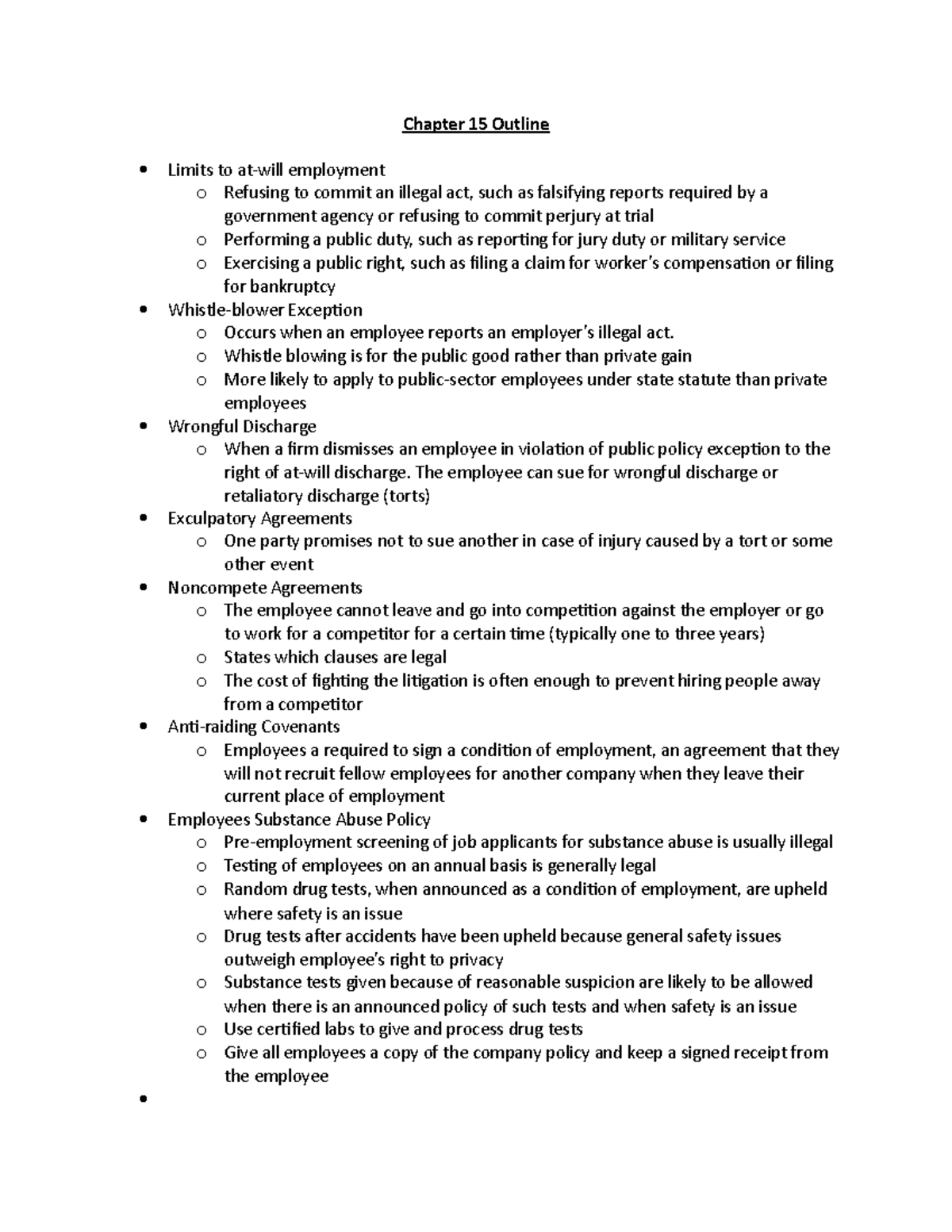 Chapter 15 Outline Chapter 15 Outline Limits To At will Employment O chapter-15-outline-chapter-15-outline-limits-to-at-will-employment-o