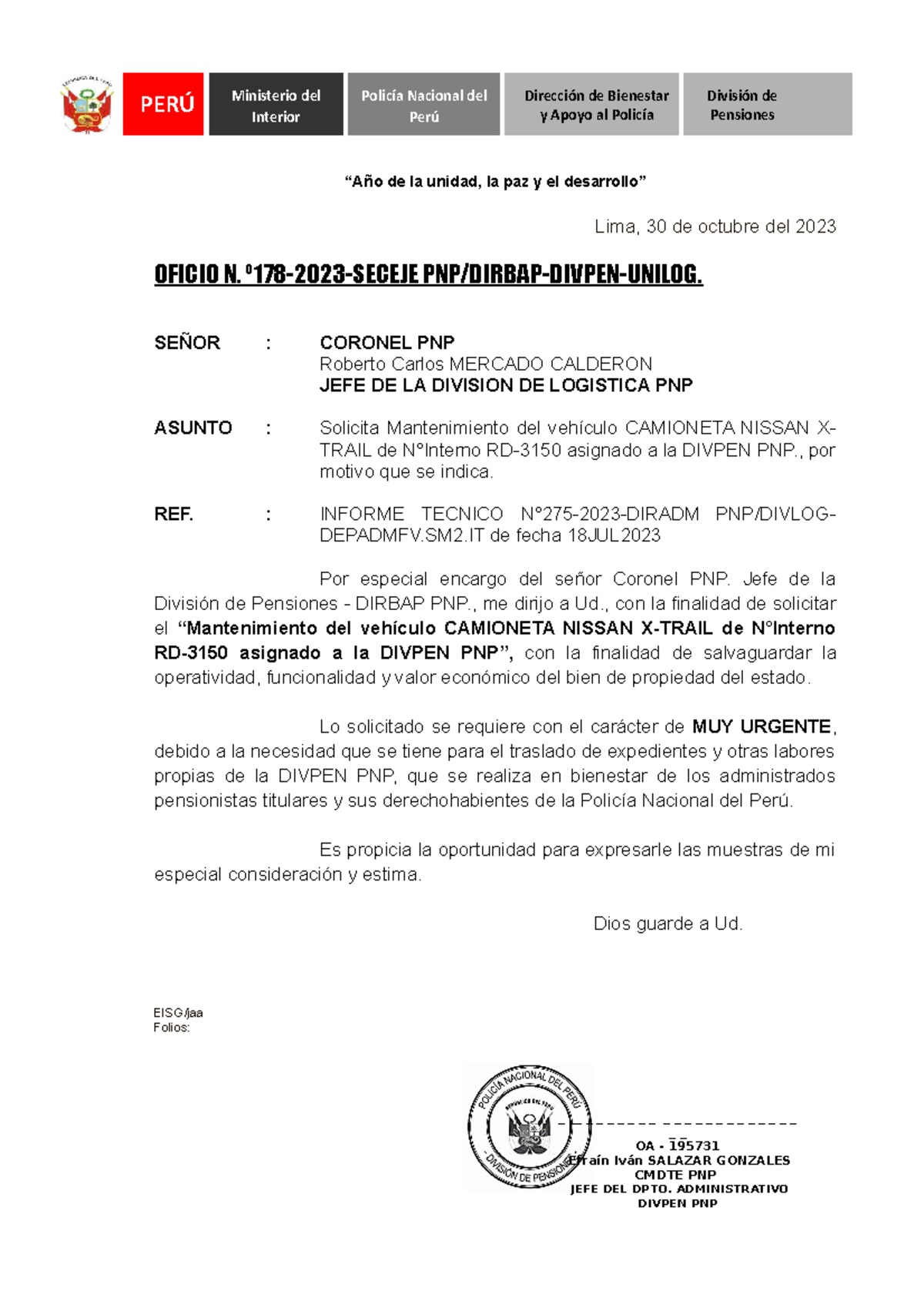 Oficio N°178- Solicita Mantenimiento del vehículo Camioneta Nissan X ...