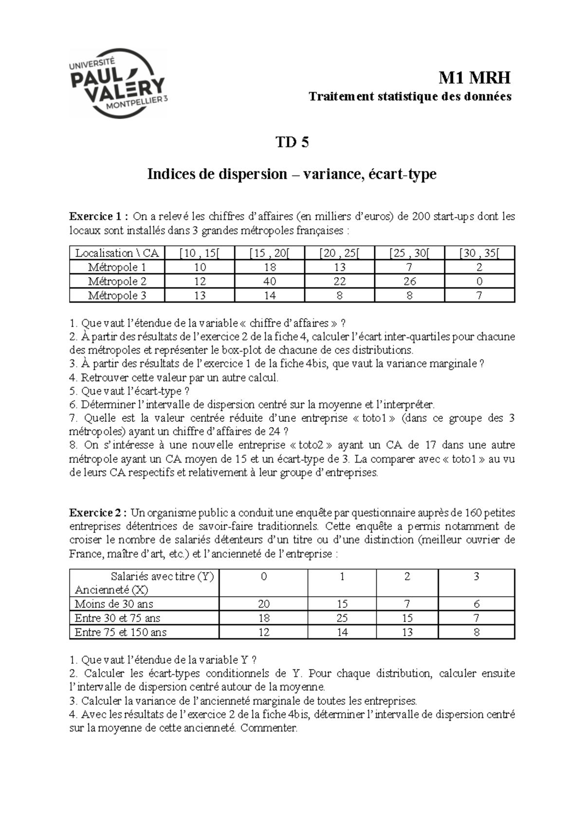 TD5 - Td de traitement statistique des données - TD 5 Indices de ...