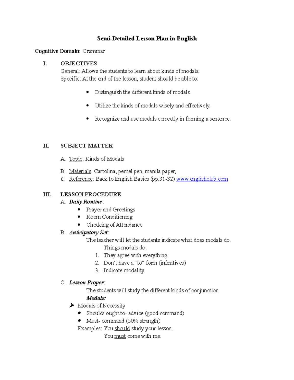 Lesson-plan - Semi detailed lesson plan - Semi-Detailed Lesson Plan in ...