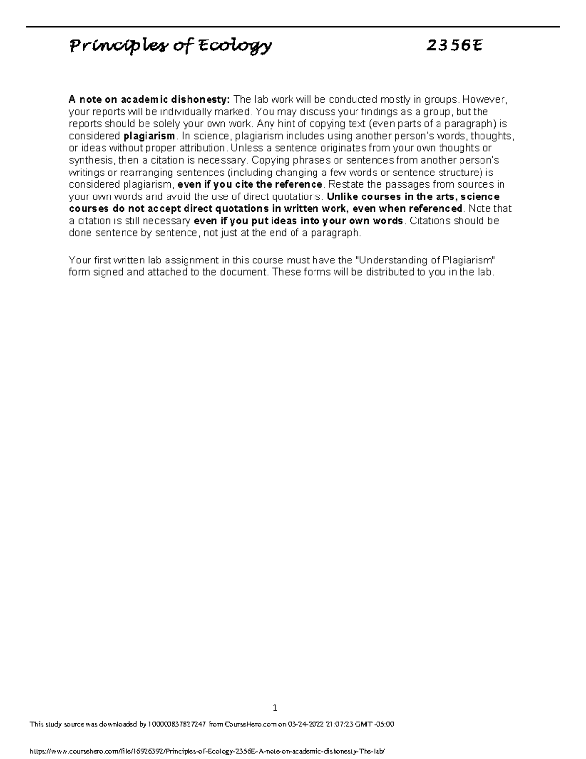 Chapter 1 ecology from the book "PRINCIPLES OF ECOLOGY" - BIOL 2390 - U ...
