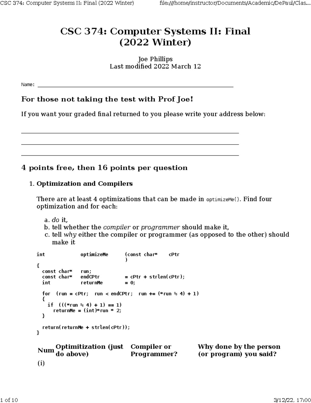 Old Final Winter 2022 - CSC 374: Computer Systems II: Final (2022 ...