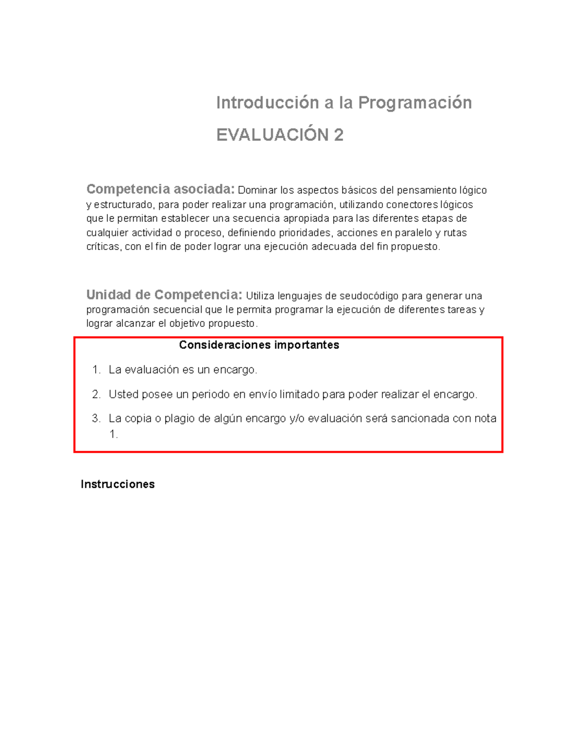 Evaluacion N° 2 introduccion a la programacion 100/100 - Introducción a la Programación ...