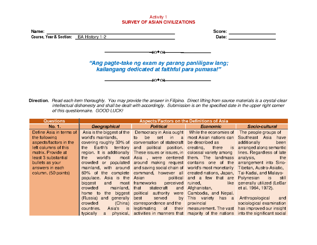 Act - SURVEY OF ASIAN CIVILIZATIONS Name: Score: Course, Year & Section ...