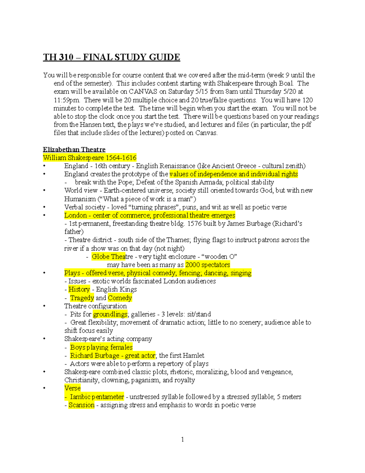 TH 310 Final Study Guide - Spring 2021 - TH 310 – FINAL STUDY GUIDE You ...