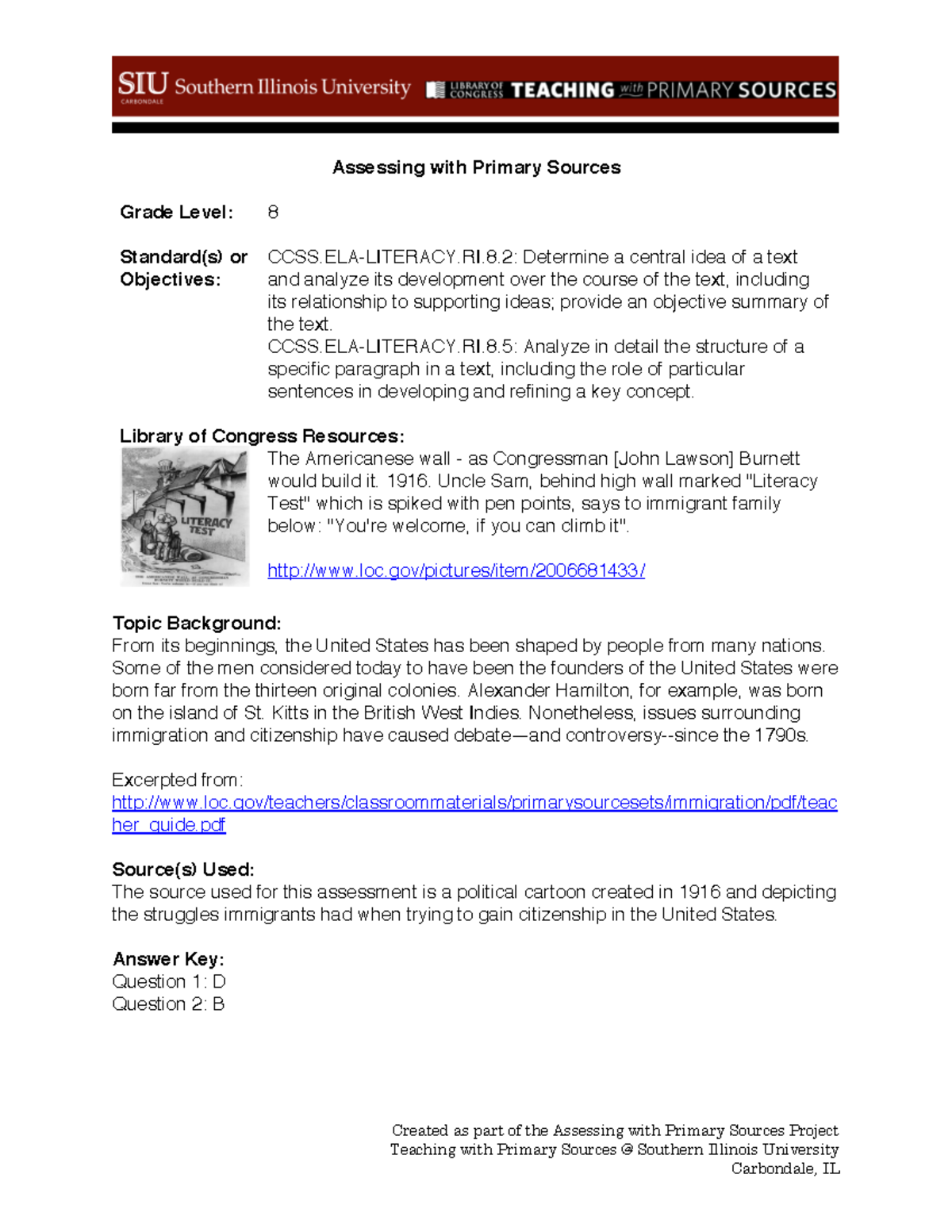 Immigration literacy test ccss 2 5 - Created as part of the Assessing ...