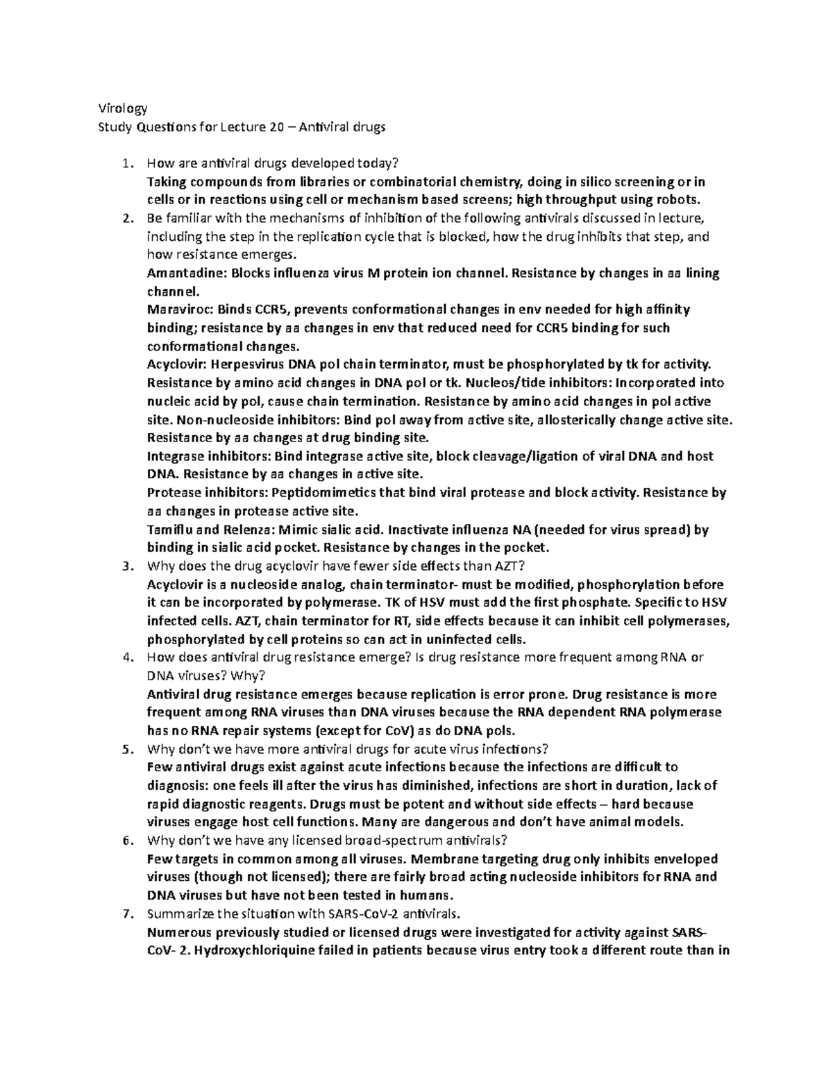 Virology Study Questions for Lecture 20 – Antiviral drugs - Be familiar ...