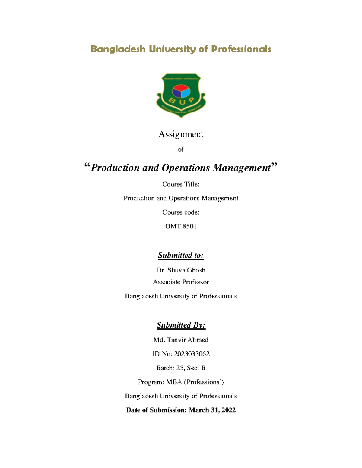 2023033062 OMT Assignment - Bangladesh University of Professionals ...