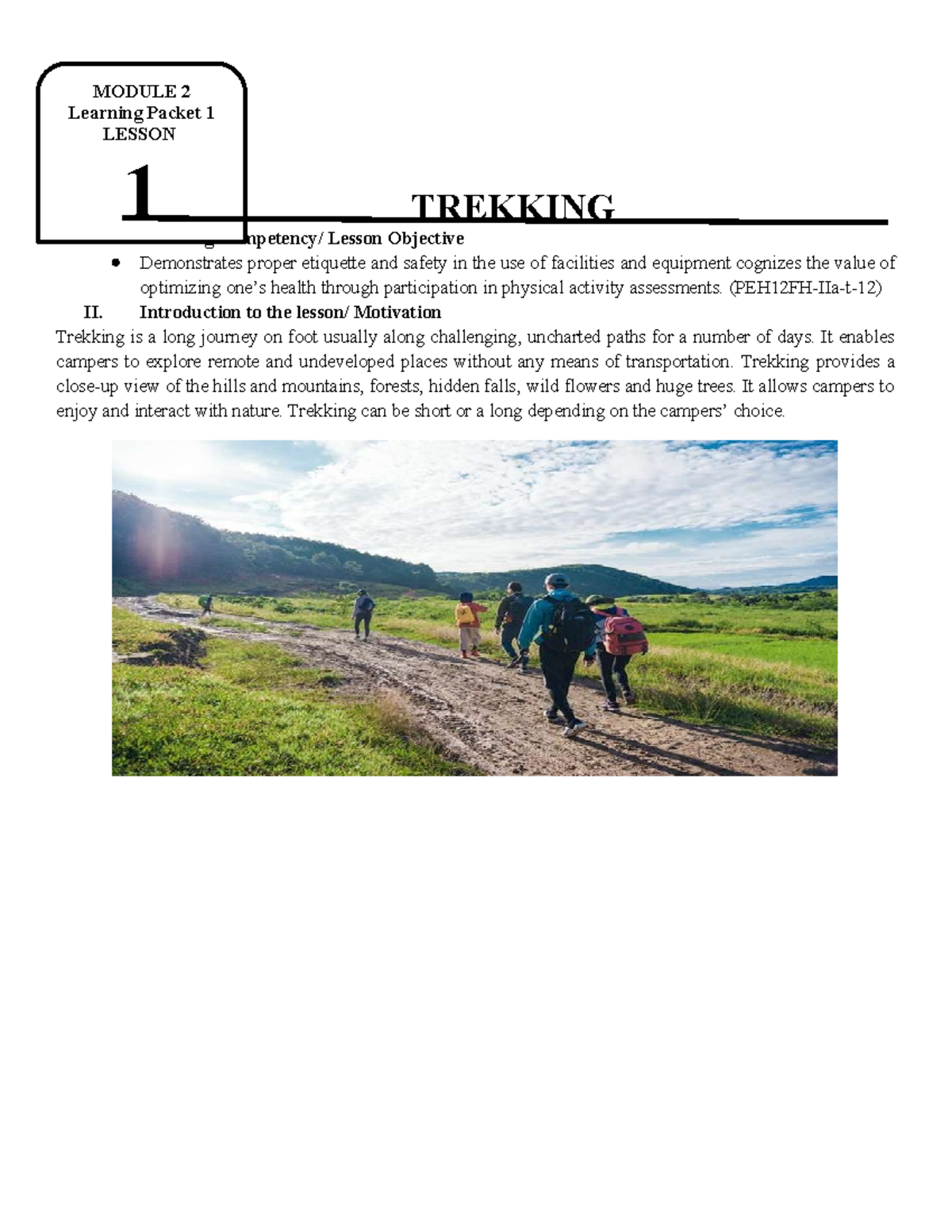 PE 4 M2 W1 - for shs students - TREKKING I. Learning Competency/ Lesson ...