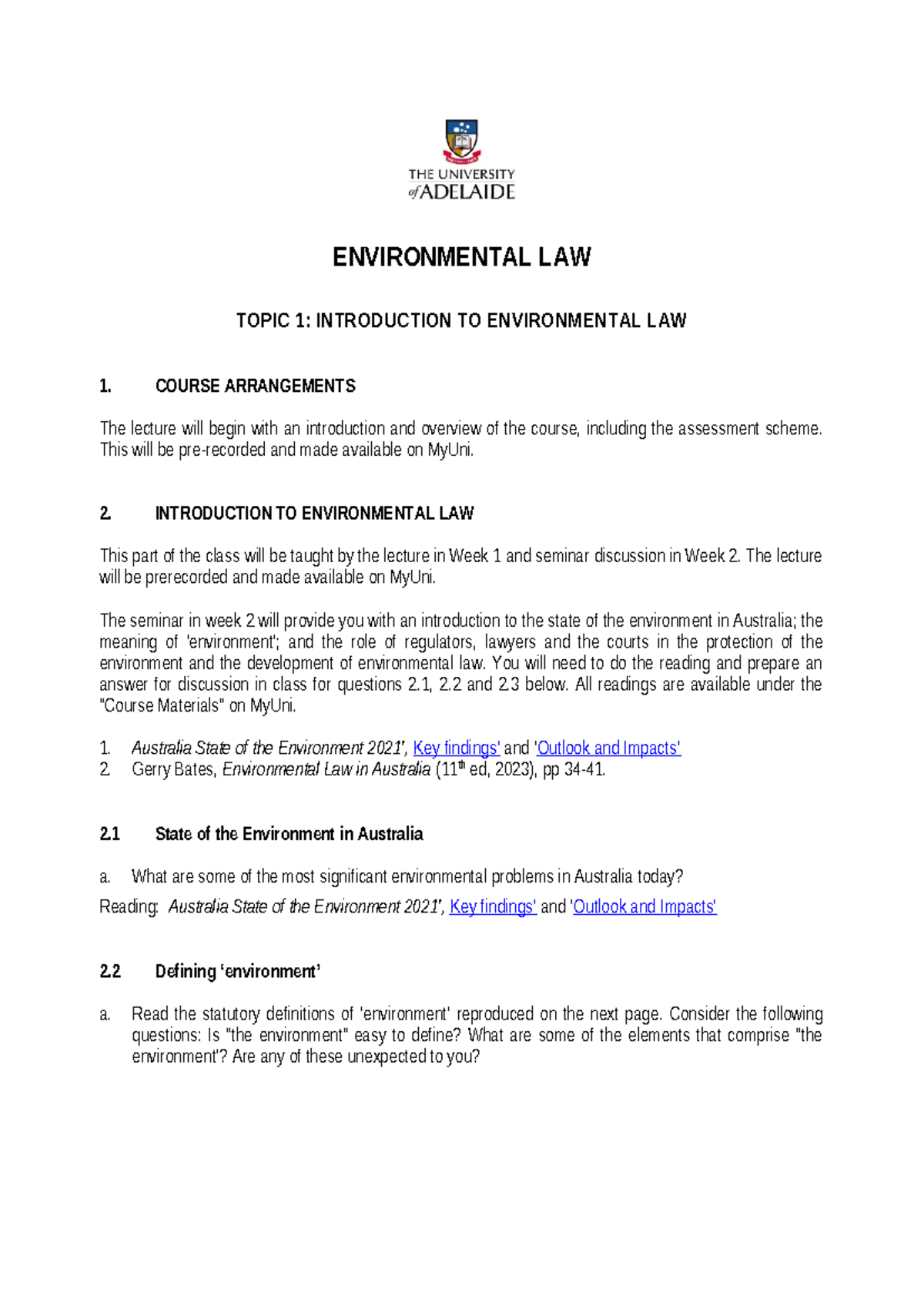 Environmental Law Student Guide Introduction to Environmental Law 2024 ...