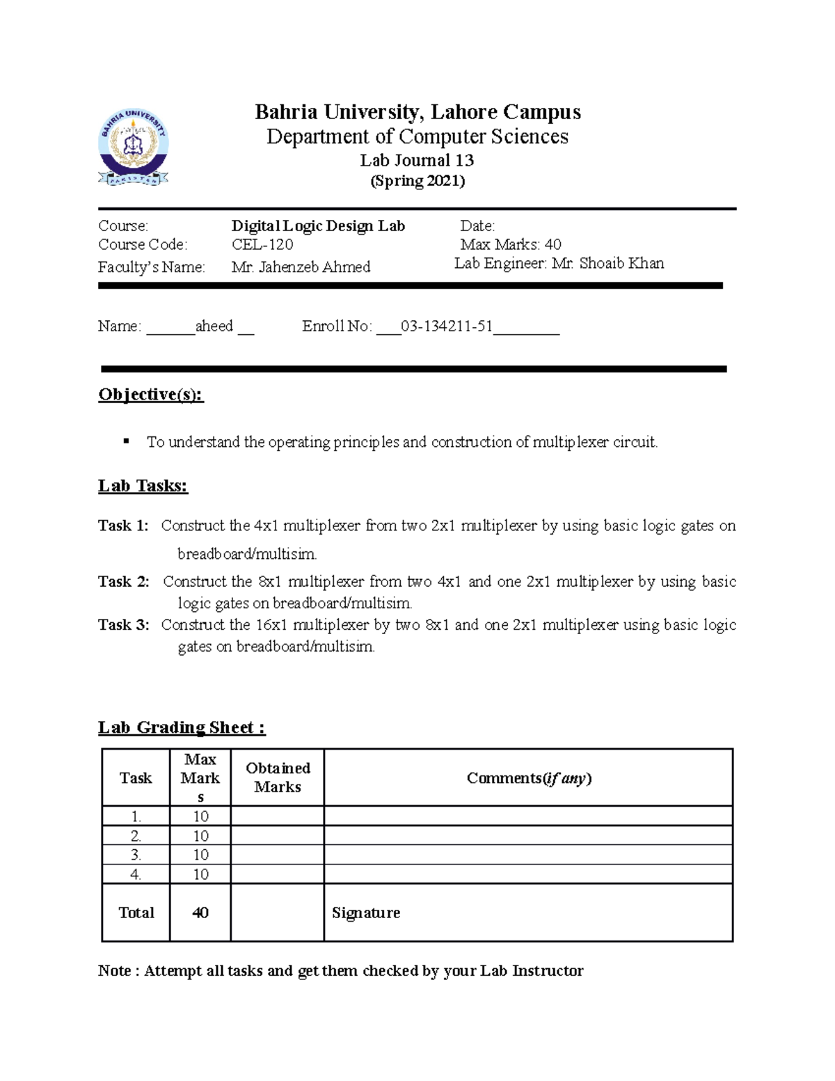 DLD Lab Journal 13 - dld lab 13 - Bahria University, Lahore Campus ...