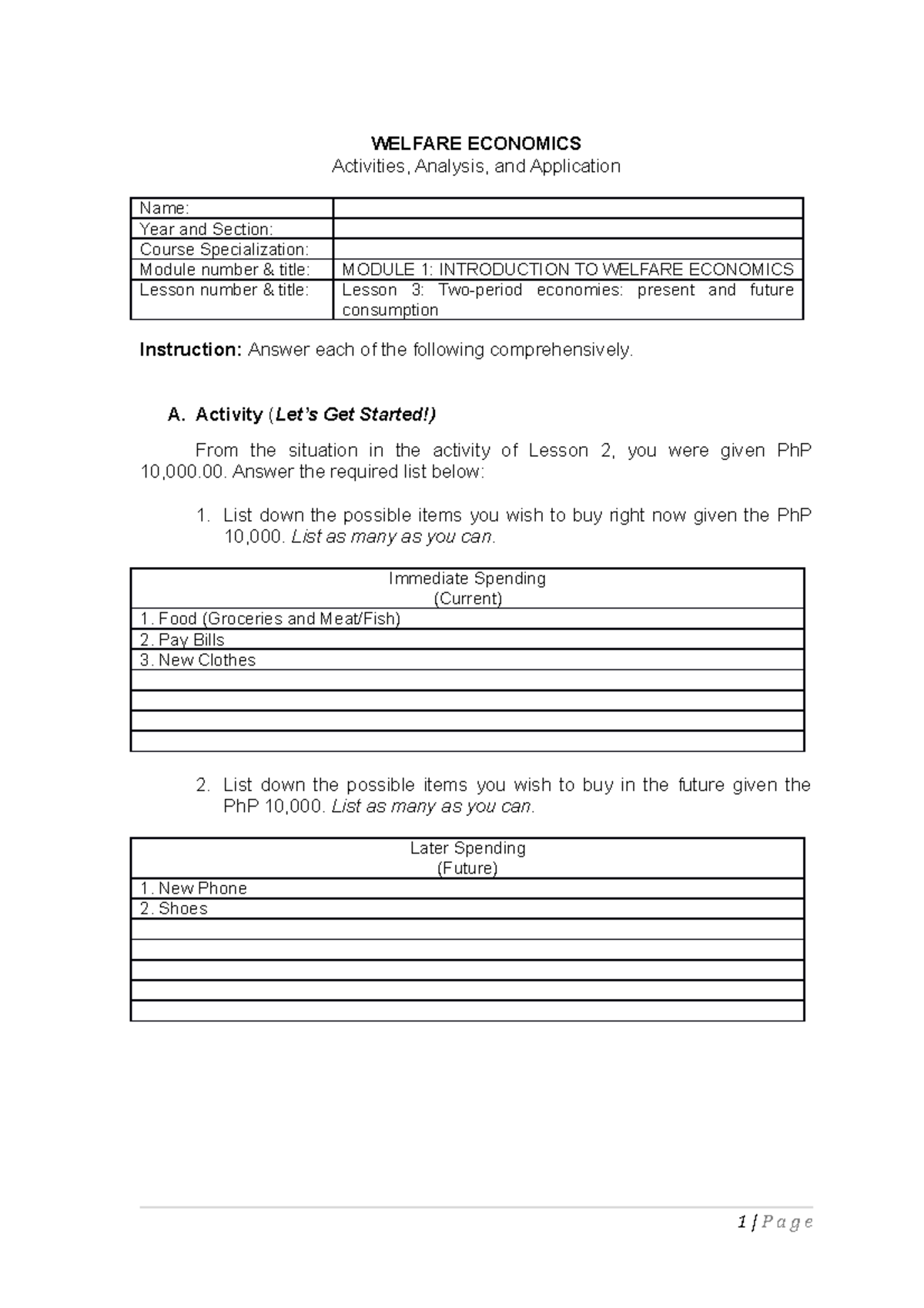 Two-period economies present and future consumption - WELFARE ECONOMICS ...