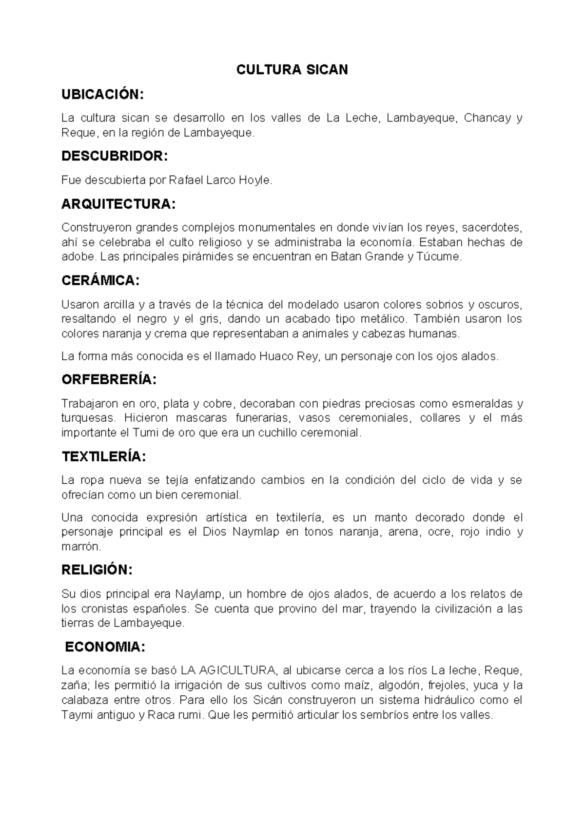 Cultura Sican exposicion - CULTURA SICAN UBICACIÓN: La cultura sican se ...