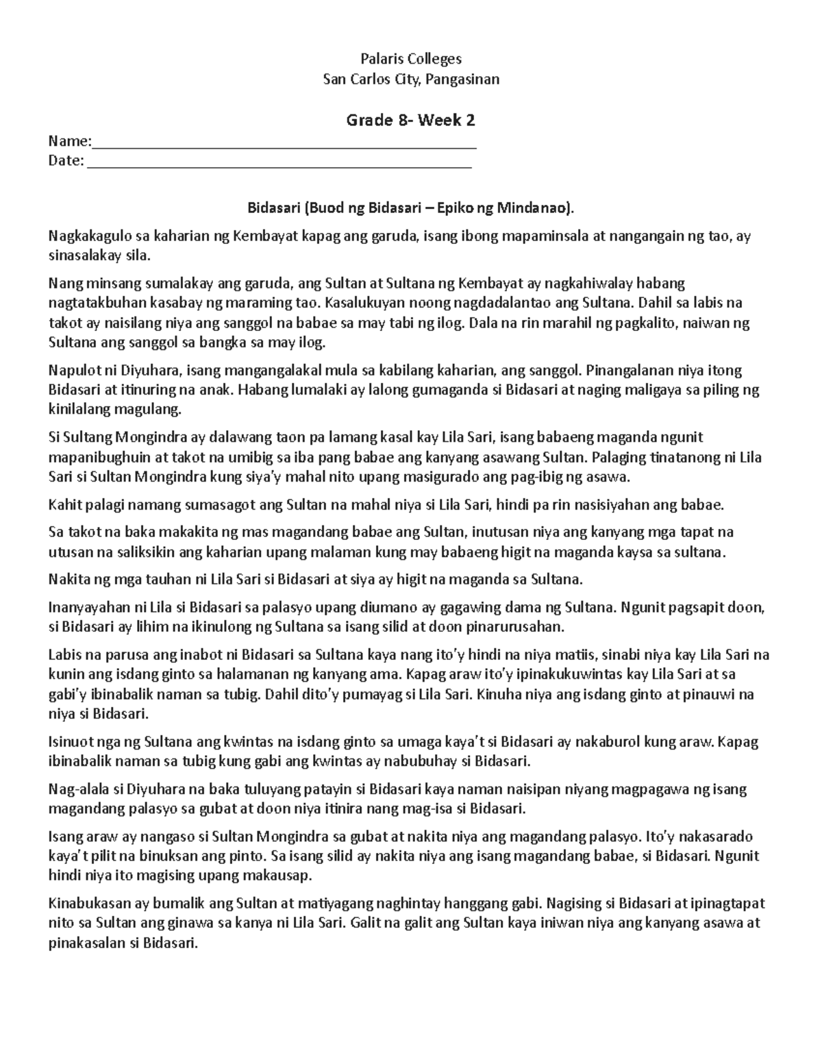 Filipino 8 - for my assignment - Palaris Colleges San Carlos City ...