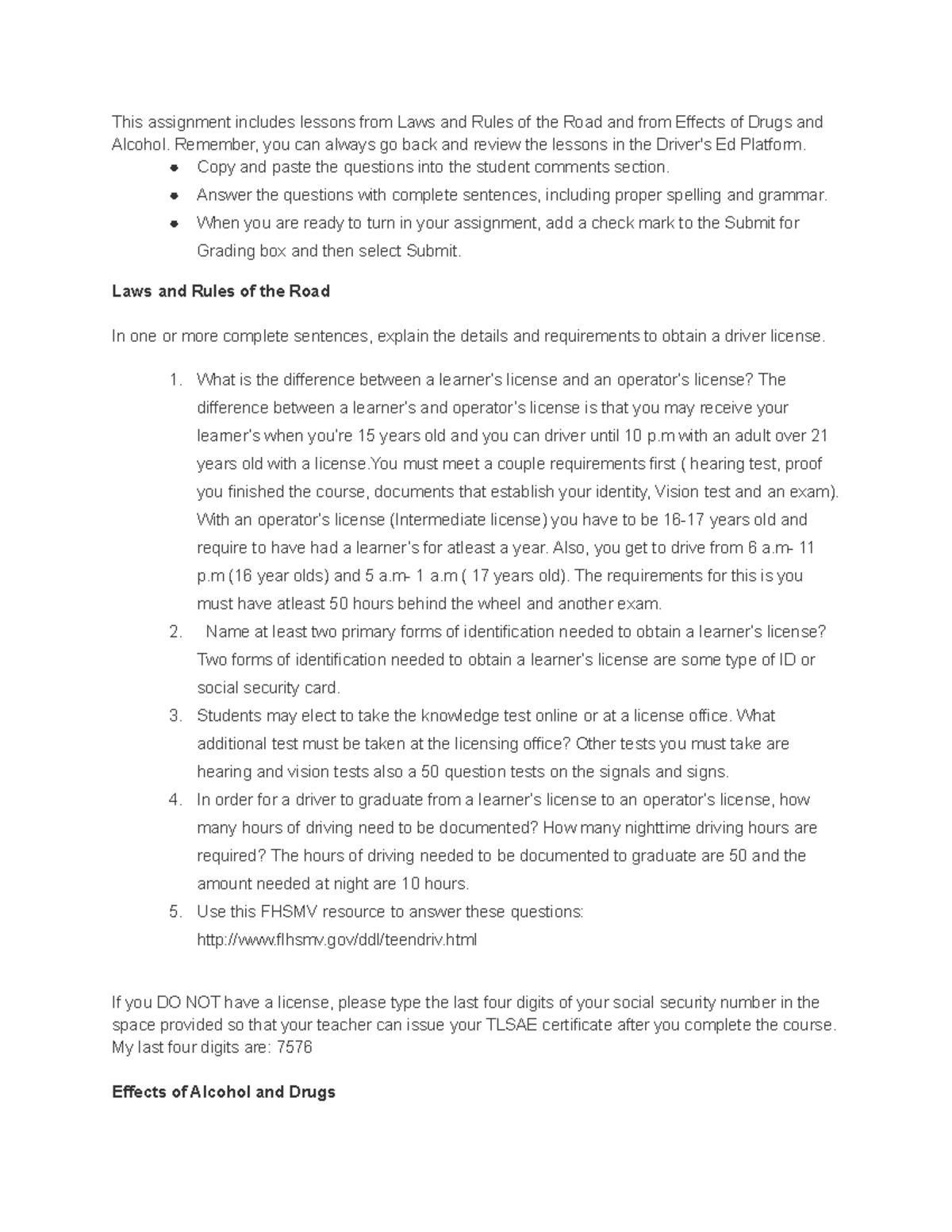Drivers Ed Questions - This assignment includes lessons from Laws and ...