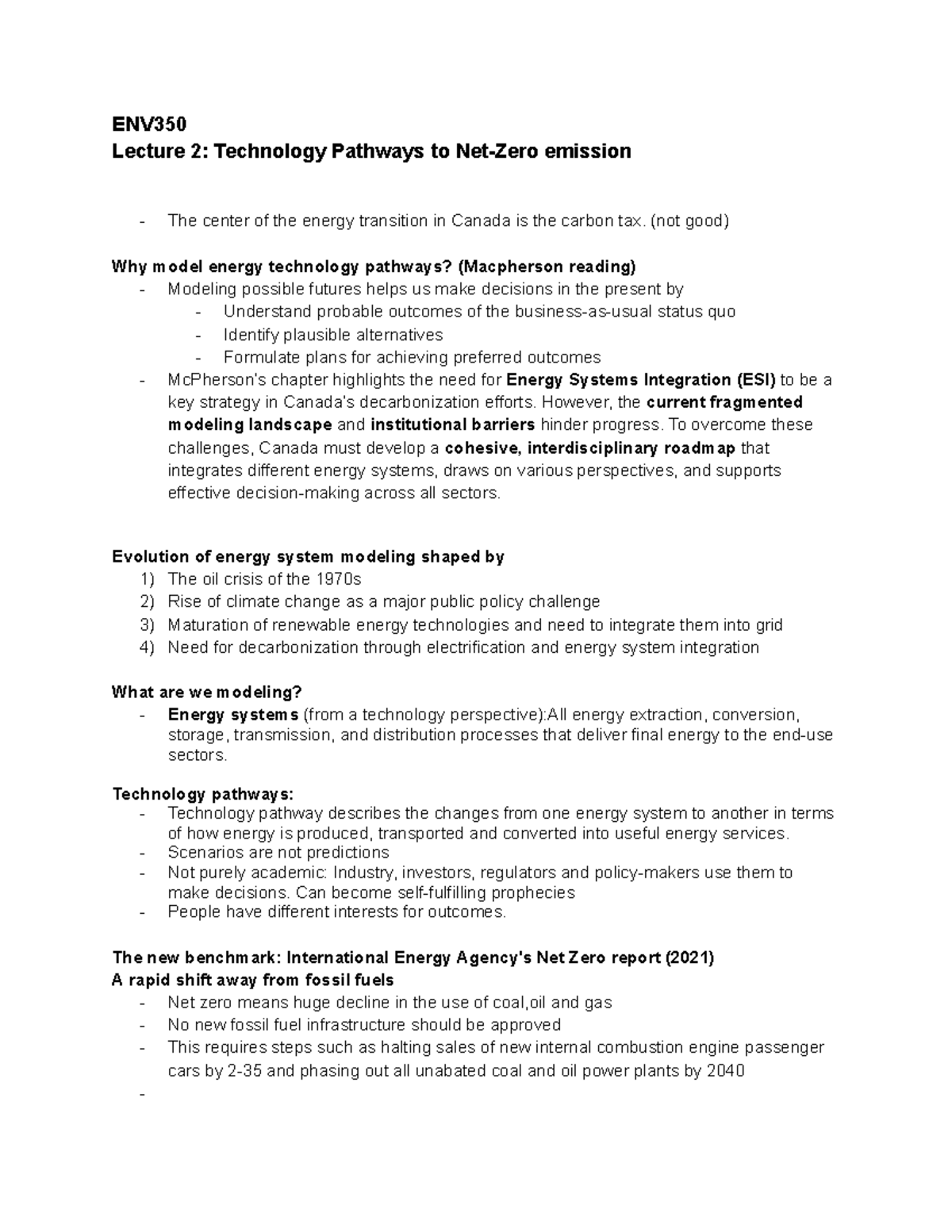 ENV350 Lecture 2 - ENV Lecture 2: Technology Pathways to Net-Zero ...