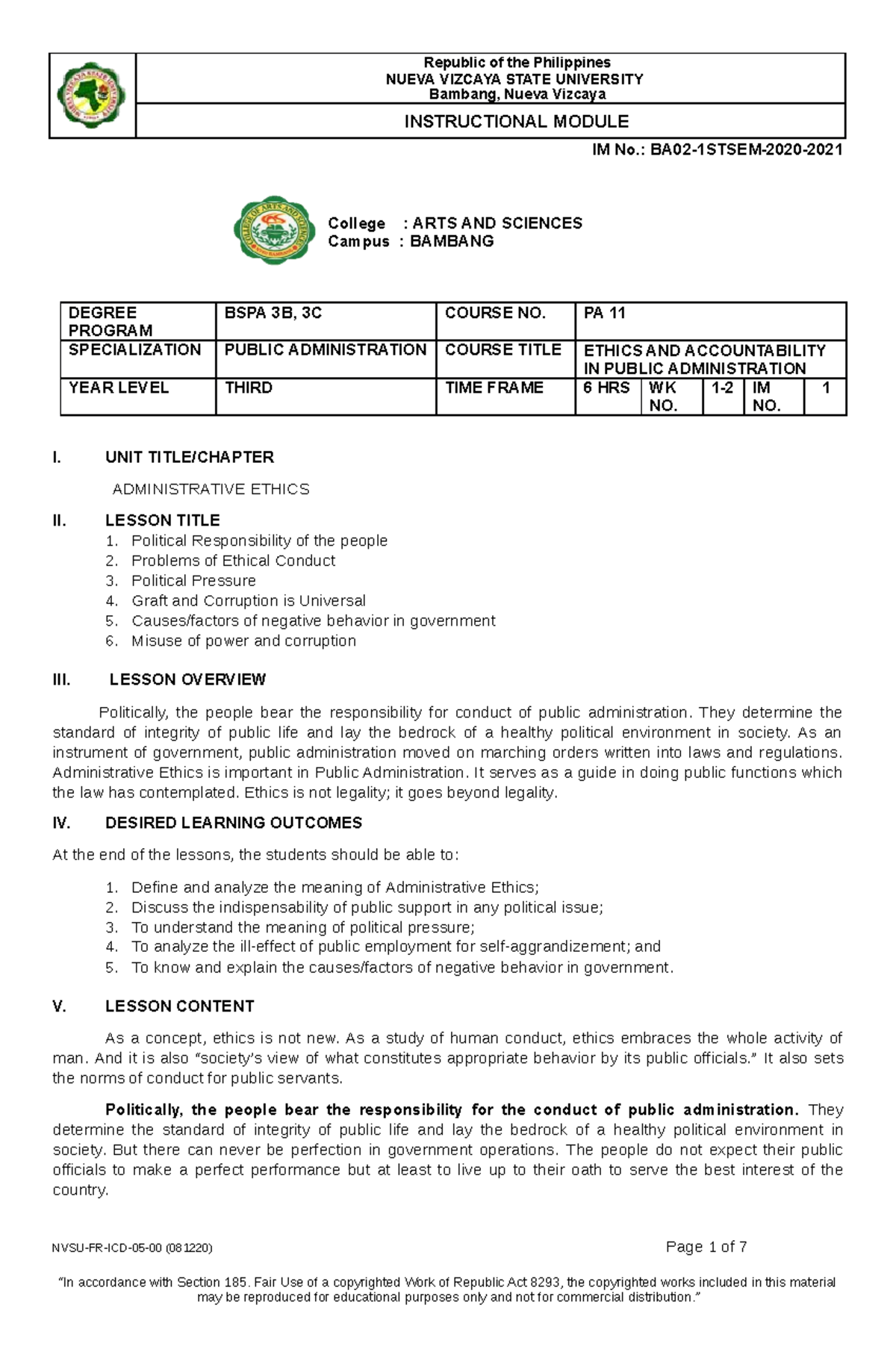 Ethics chapter 2 - College : ARTS AND SCIENCES Campus : BAMBANG DEGREE ...