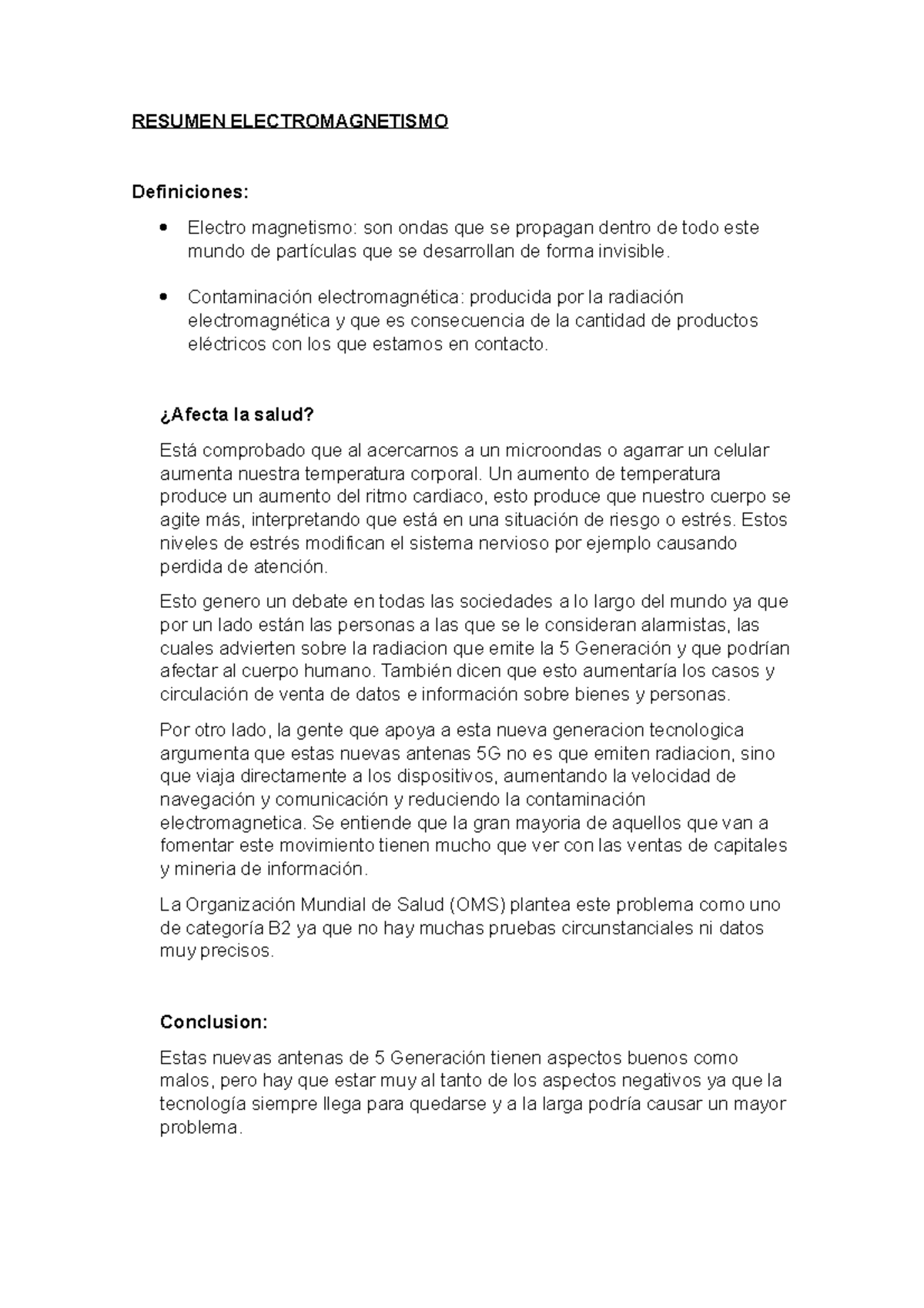 Electromagnetismo resumen - RESUMEN ELECTROMAGNETISMO Definiciones: Electro magnetismo: son ...
