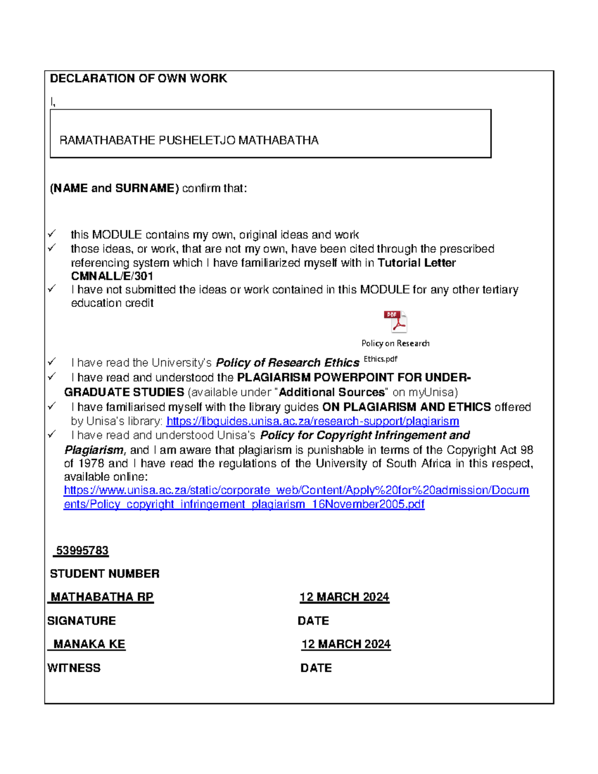 Assignment 01 DPR3701 - DECLARATION OF OWN WORK I, RAMATHABATHE PUSHELETJO MATHABATHA (NAME and ...