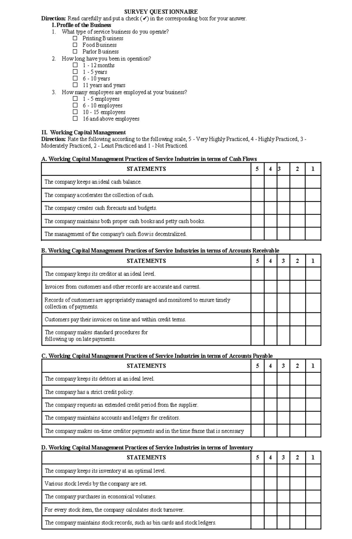 Survey Questionnaire long - SURVEY QUESTIONNAIRE Direction: Read ...