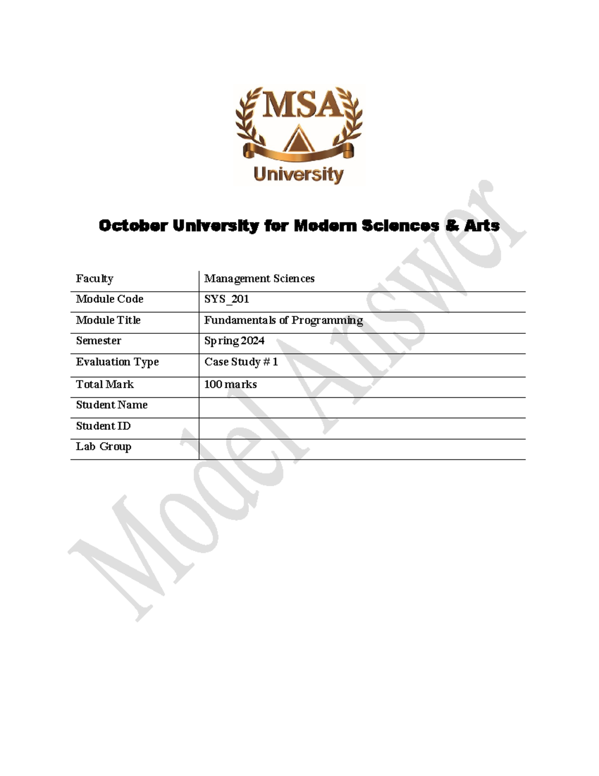 Case Study 1 Model Answer - October University for Modern Sciences ...