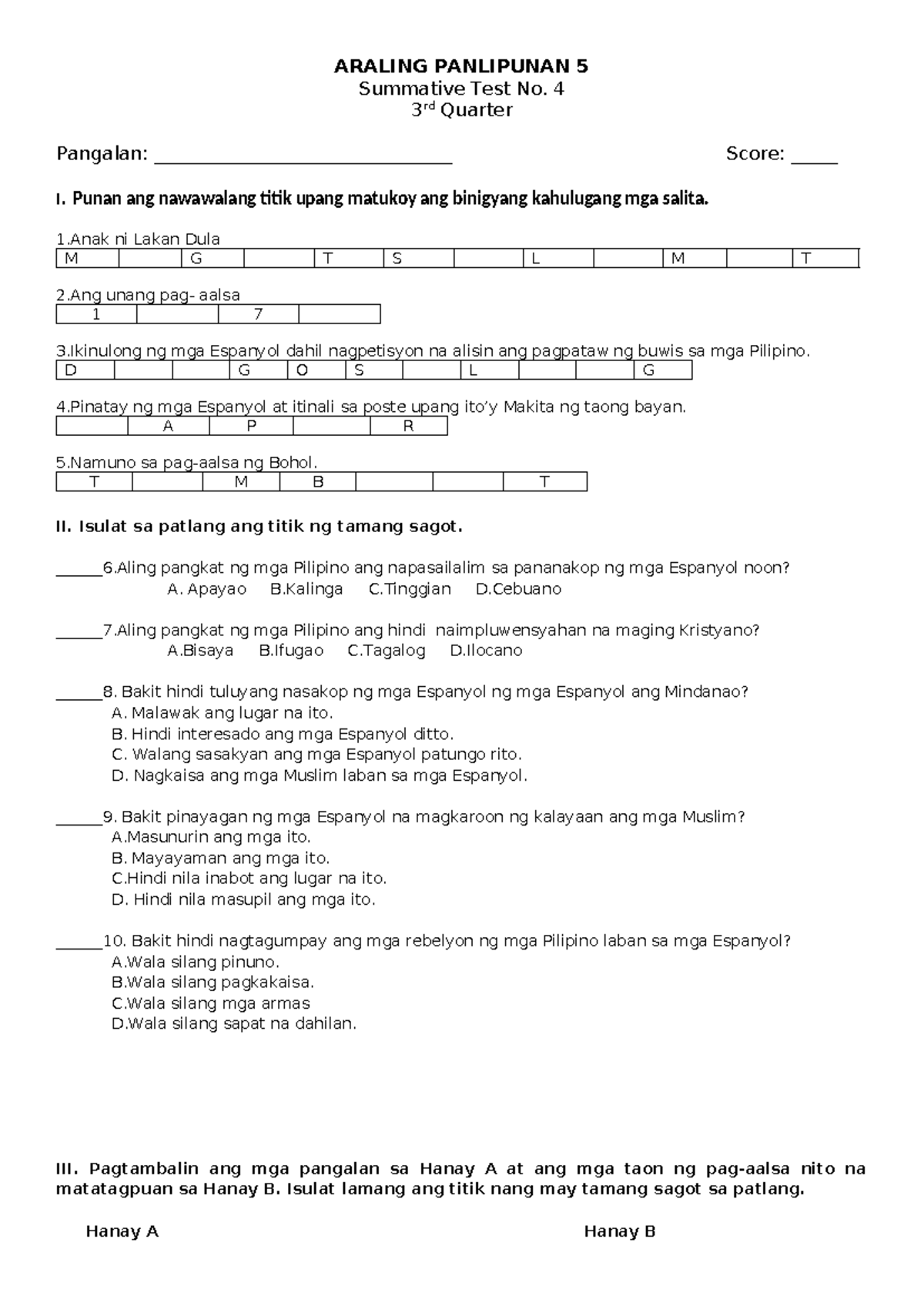 AP5 ST4 Q3 - AP Summative - ARALING PANLIPUNAN 5 Summative Test No. 4 3 ...