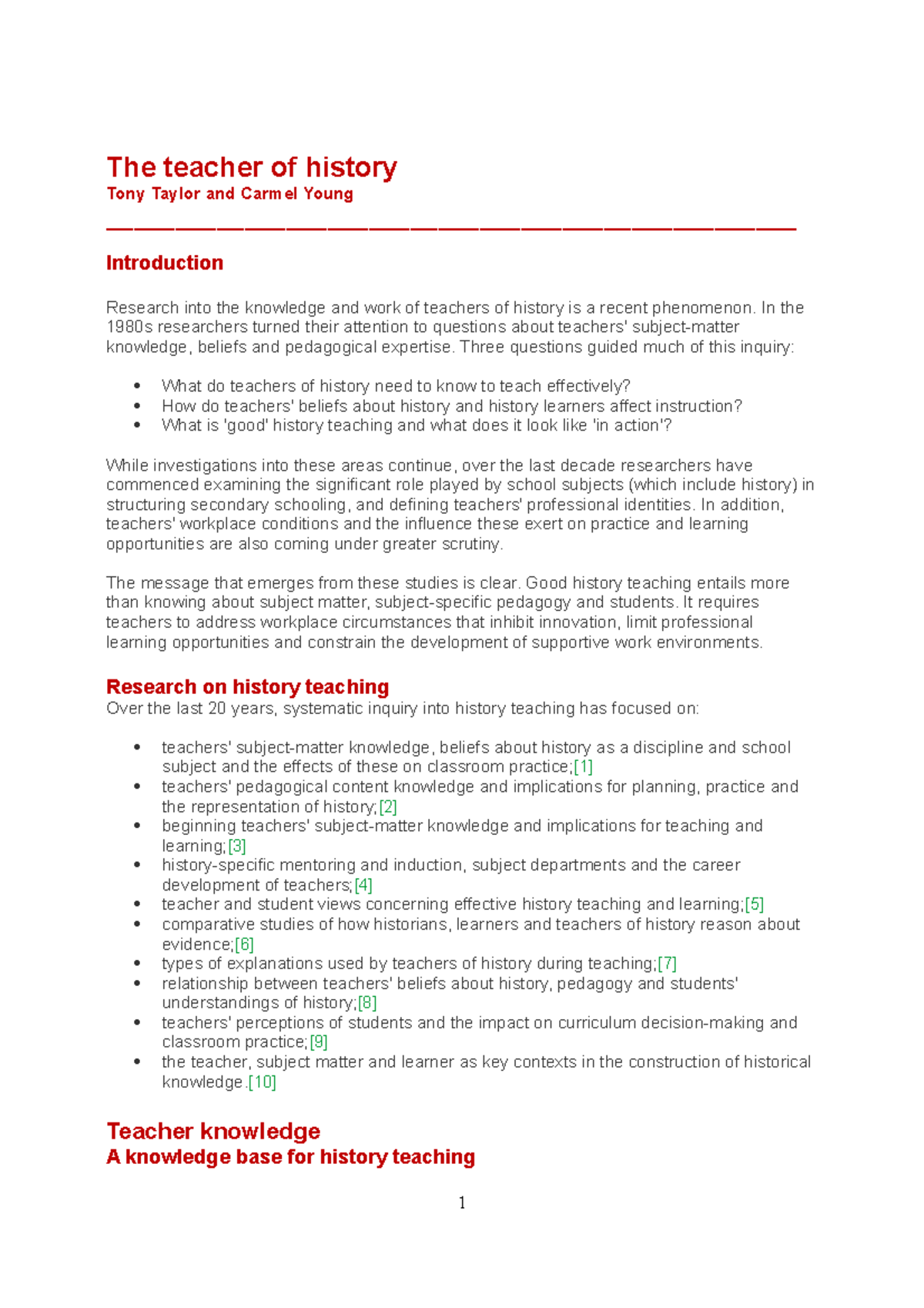 Tony Taylor & Carmel Young 2004 , 'The teacher of history' - The ...