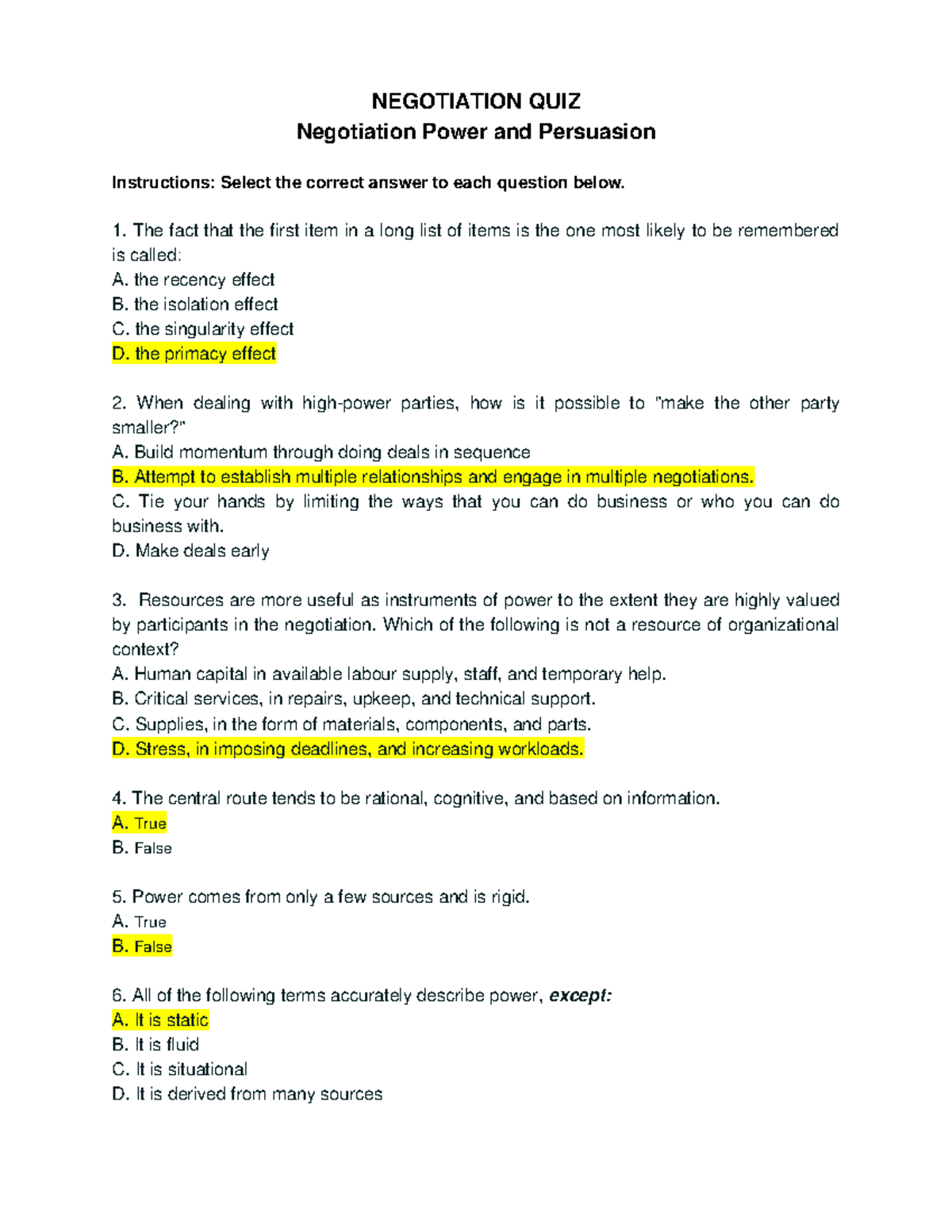 Negotiaiton quiz Power and Persuasion - NEGOTIATION QUIZ Negotiation Power and Persuasion - Studocu