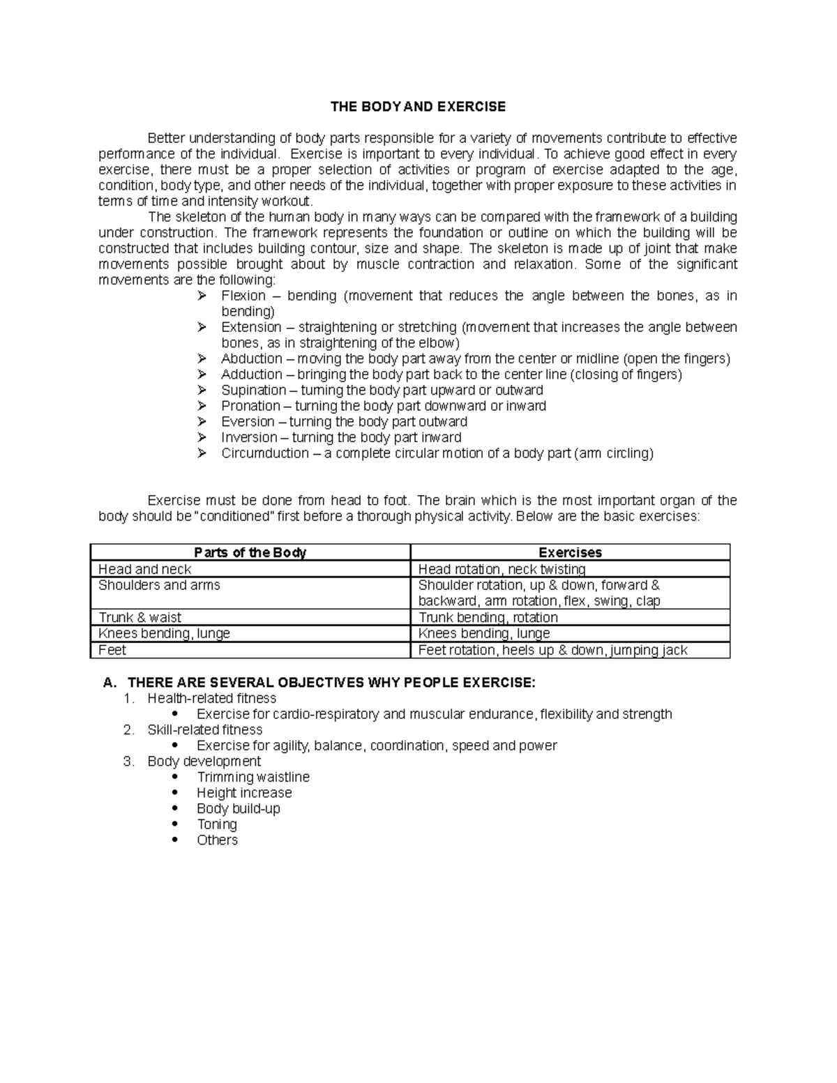 THE BODY AND Exercise - THE BODY AND EXERCISE Better understanding of ...