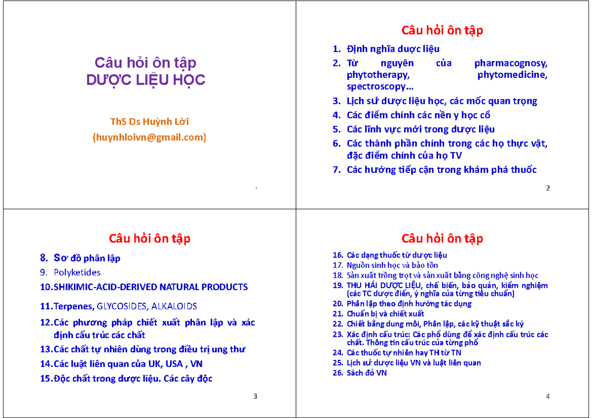 01 - Thực vật dược 1 - Câu h ỏ i ôn t ậ p D ƯỢ C LI Ệ U H Ọ C ThS Ds Hu ỳ nh L ờ i - Studocu