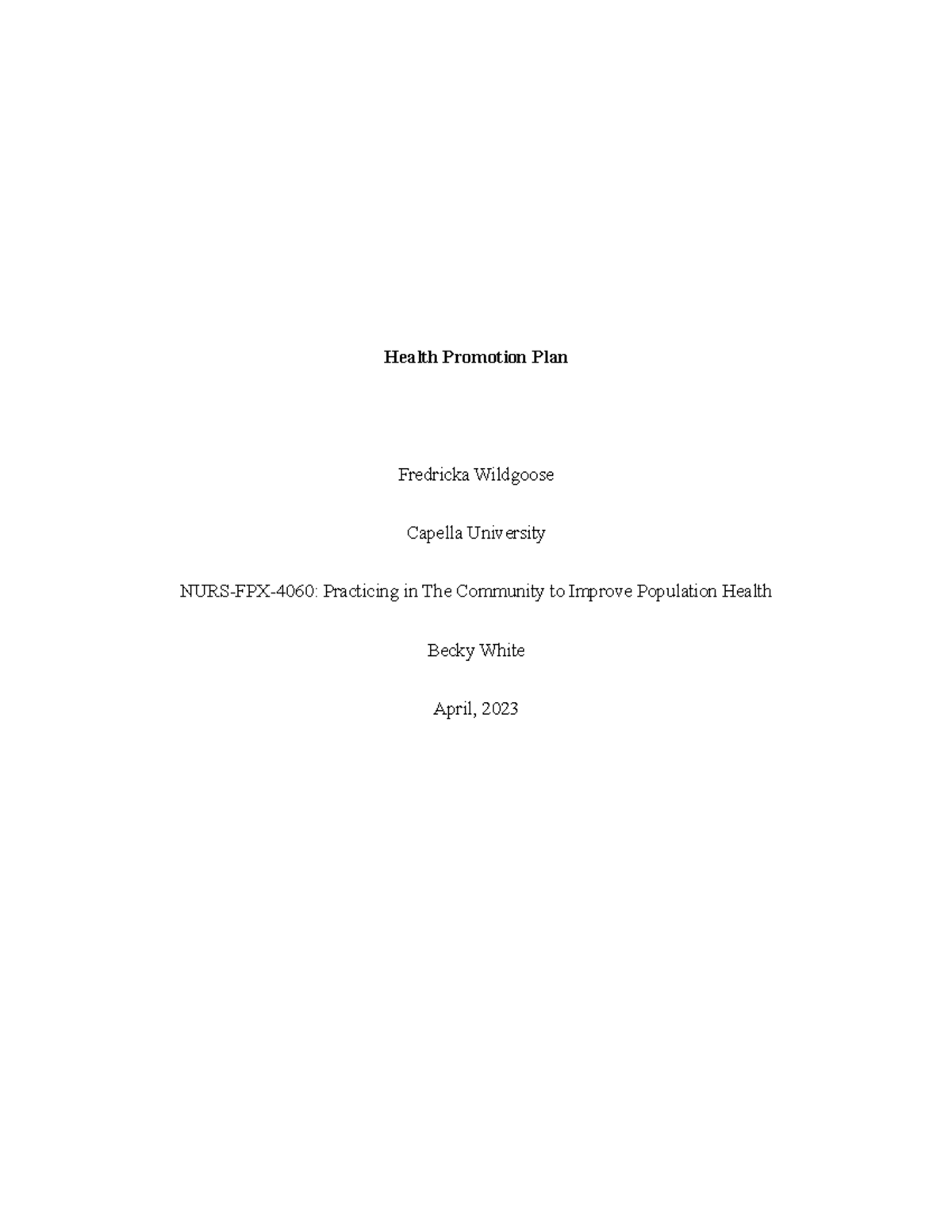 Health Promotion Plan - Health Promotion Plan Fredricka Wildgoose ...