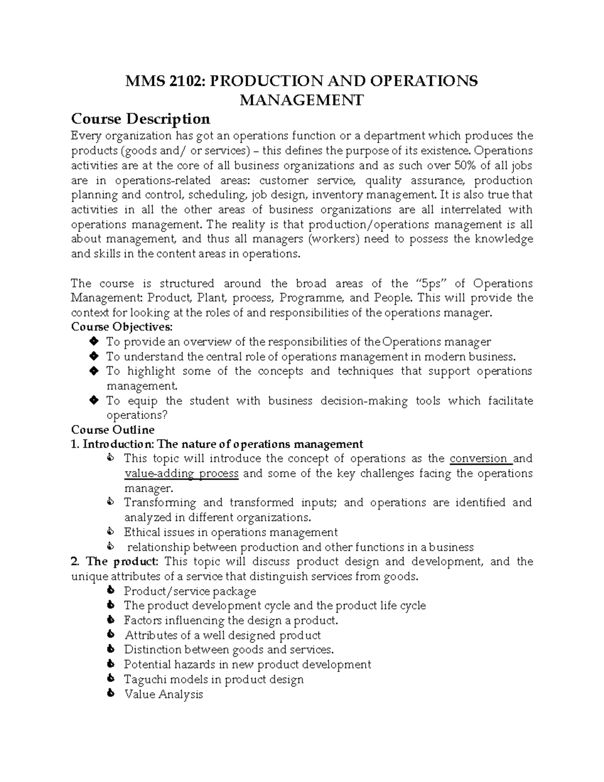 Course outline and introduction - MMS 2102: PRODUCTION AND OPERATIONS ...