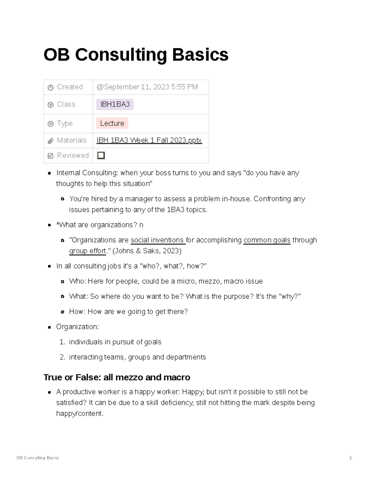 OB Consulting Basics - OB Consulting Basics Created Class IBH1BA Type ...
