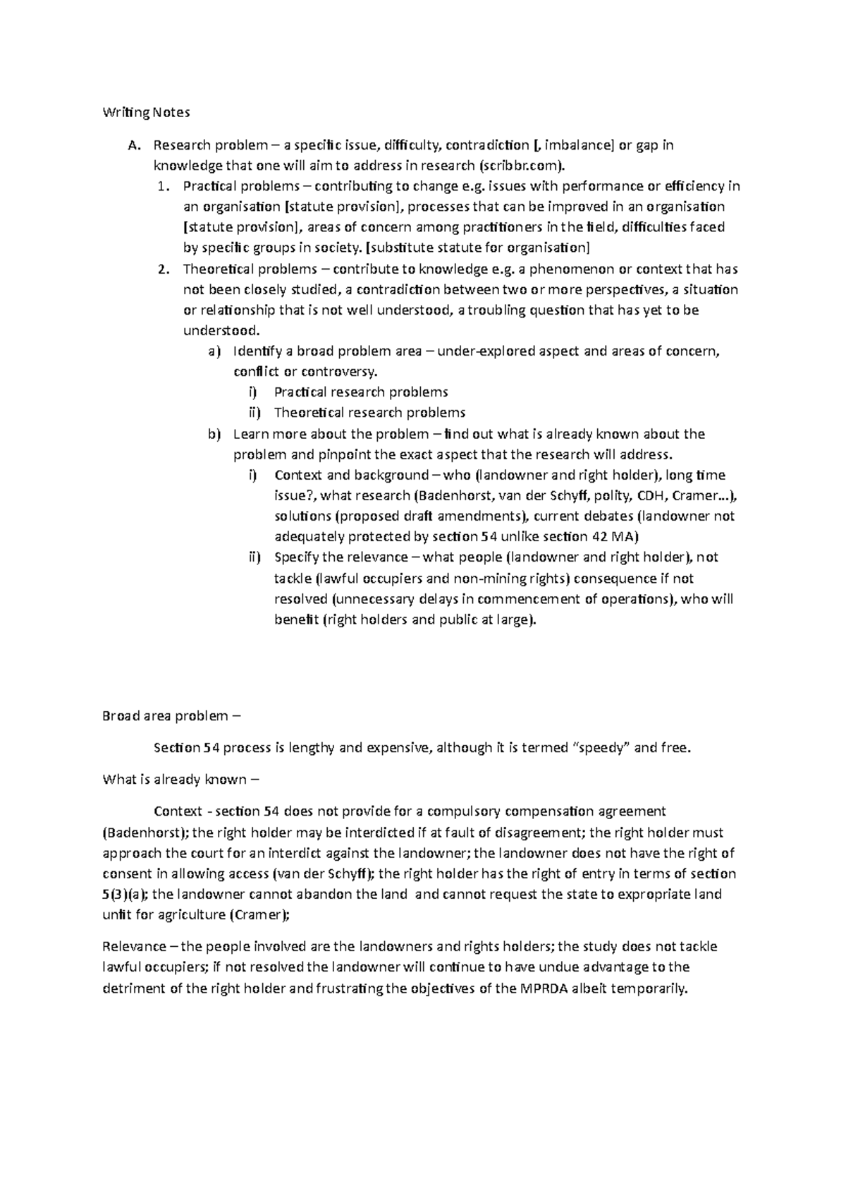 Writing Notes I - Writing Notes A. Research problem – a specific issue ...
