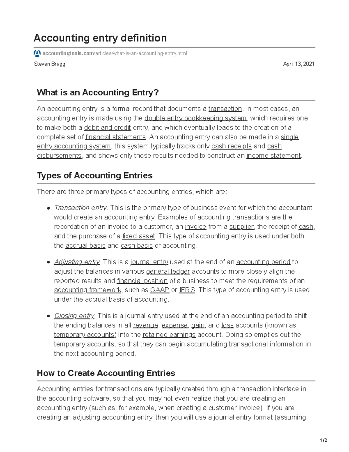 Accounting 101 - Accounting Entry Definition - 1/ Steven Bragg April 13 ...
