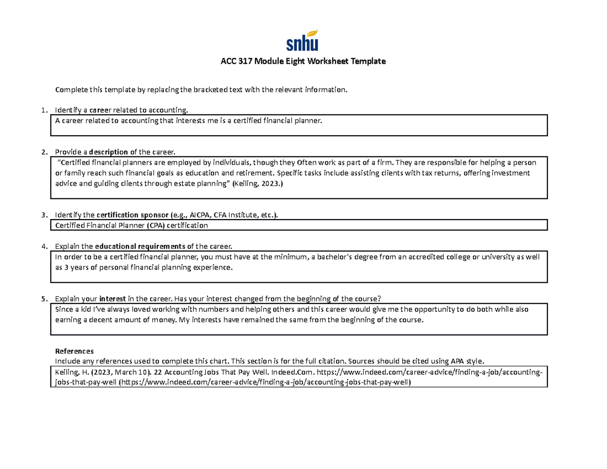 ACC 317 Module Eight Worksheet Template completed - Identify a career ...