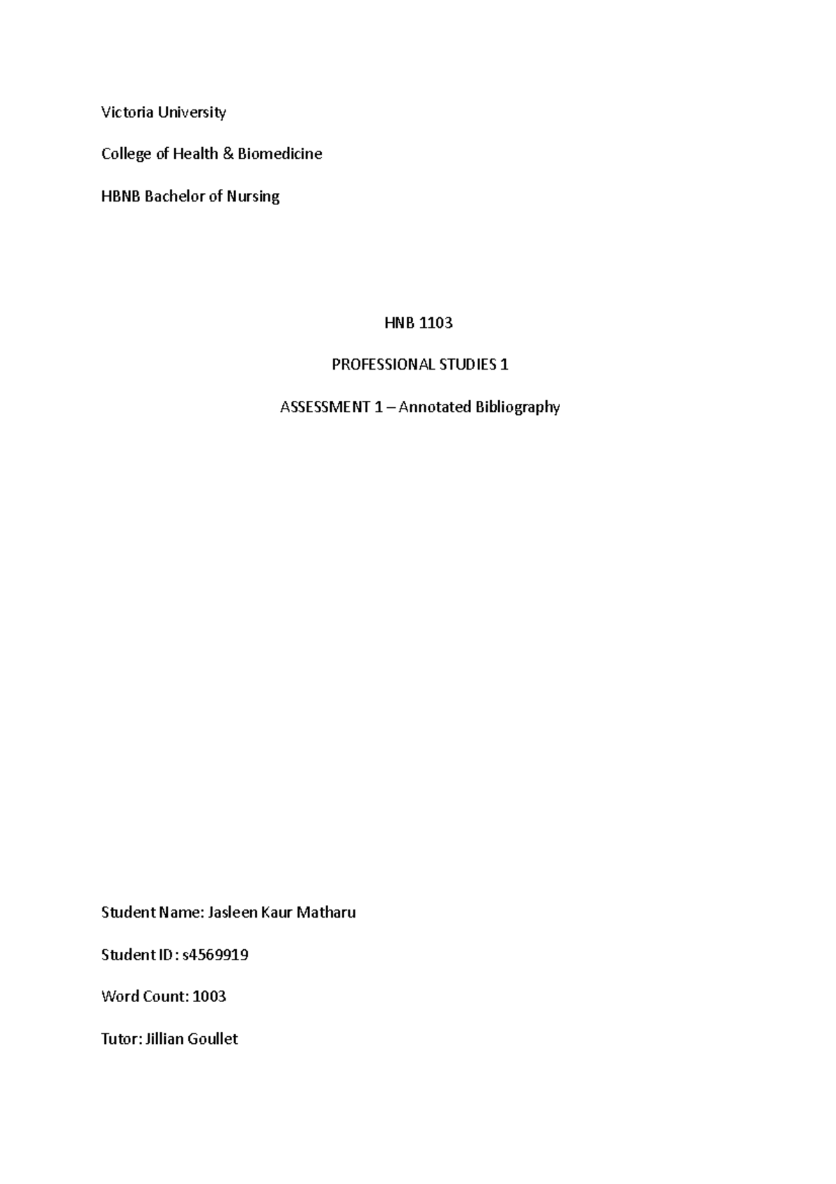 Annoted Bibliography assignment - BIO1EEB - LaTrobe - Studocu