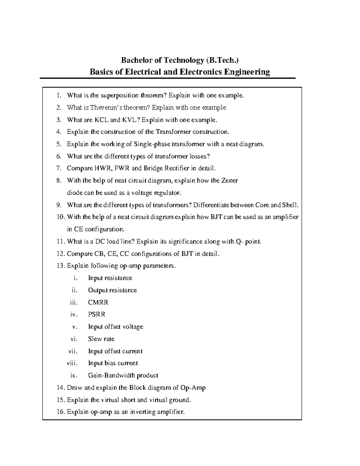 Question Bank BEEE - Bachelor of Technology (B.) Basics of Electrical ...