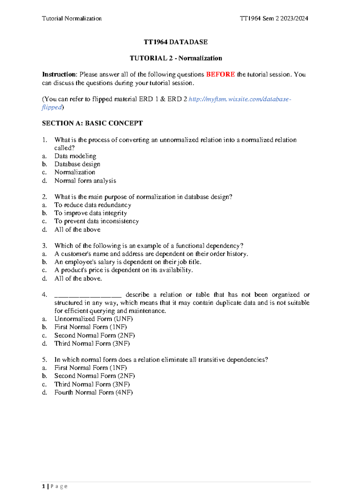 Tutorial 2 Normalization [student] editby ZH - TT1964 DATADASE TUTORIAL ...