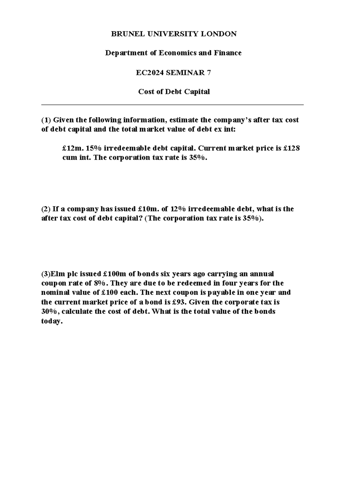 Seminar 7 Brunel University London Department Of Economics And Finance Ec2024 Seminar 7 Cost 