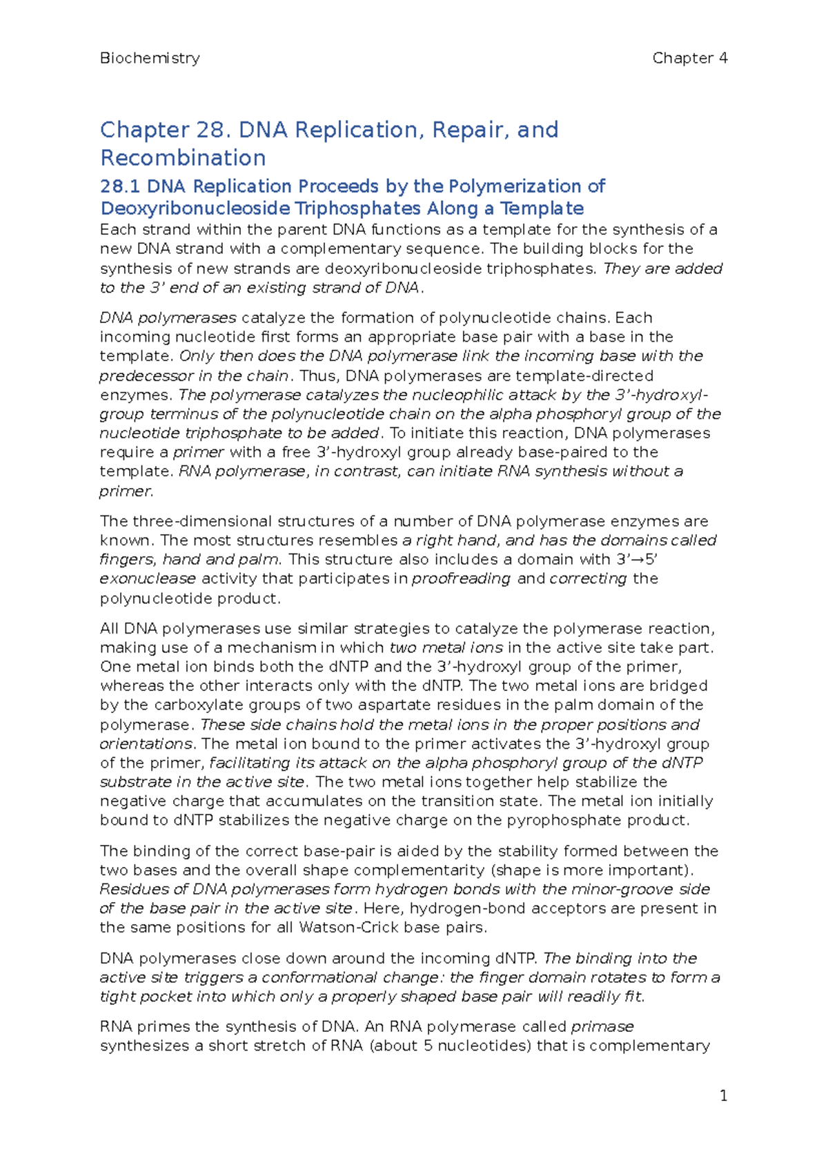 Summary chapter 28. DNA Replication, Repair, and Recombination ...