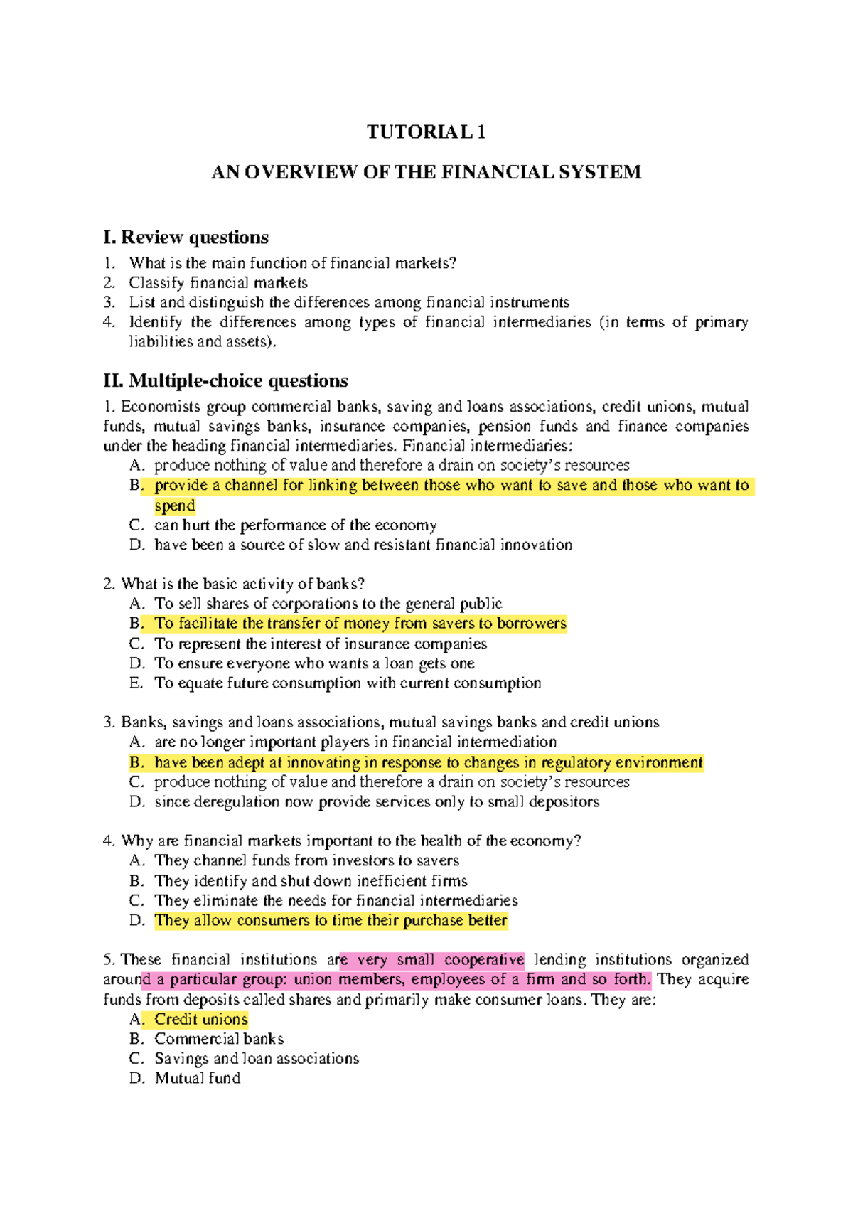 Tutorial 1 - done - TUTORIAL 1 AN OVERVIEW OF THE FINANCIAL SYSTEM I ...