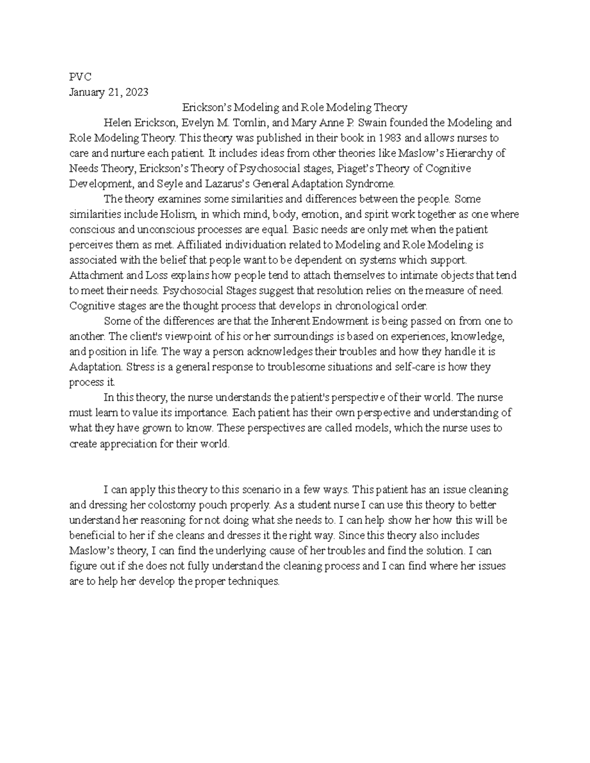 Nursing Theories - PVC January 21, 2023 Erickson’s Modeling and Role ...