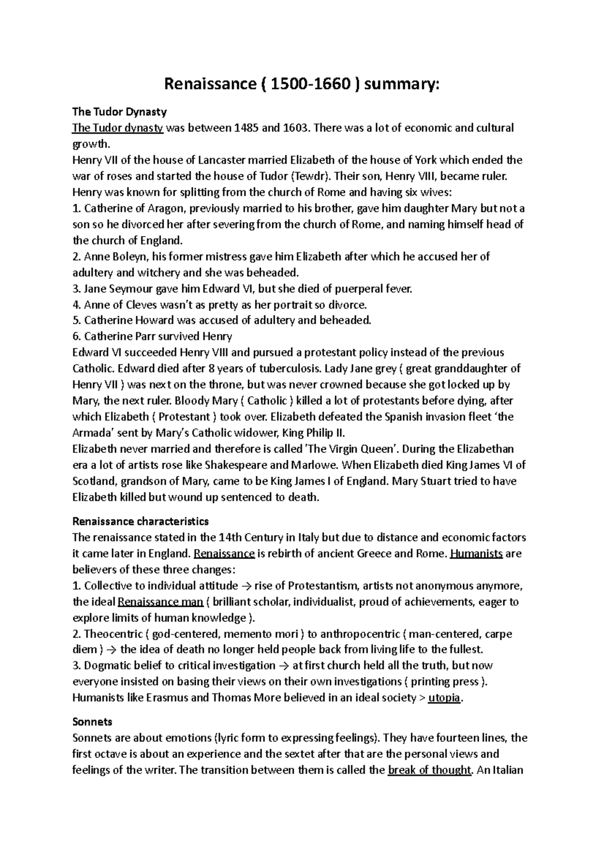 Summary literature renaissance - Renaissance ( 1500-1660 ) summary: The ...