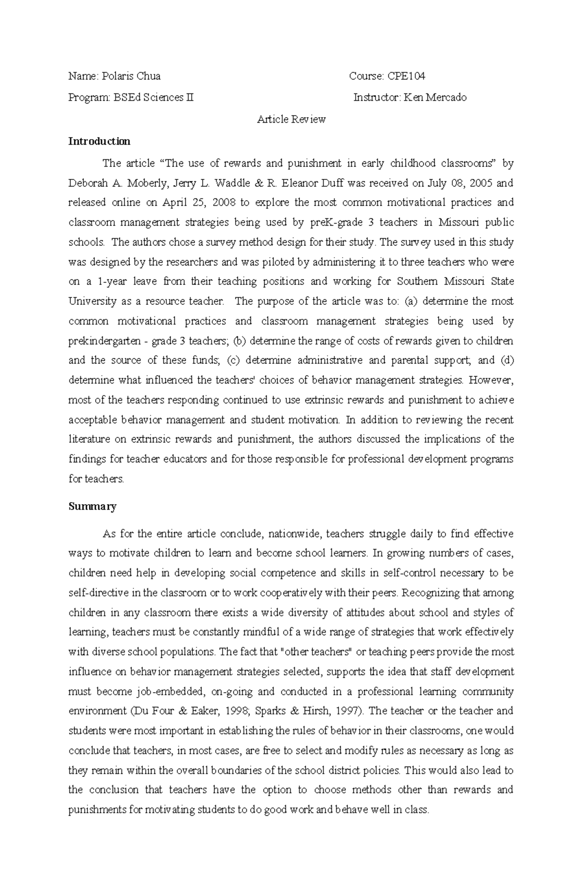 AR01 - Summary Bachelor of Secondary Education - Name: Polaris Chua ...