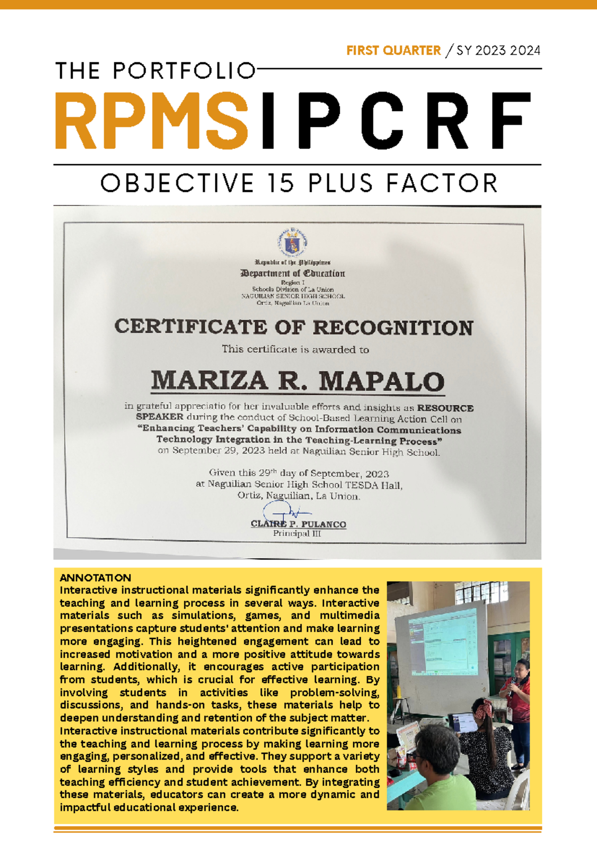 Objective 15 with Annotations - RPMS I P C R F THE PORTFOLIO FIRST ...