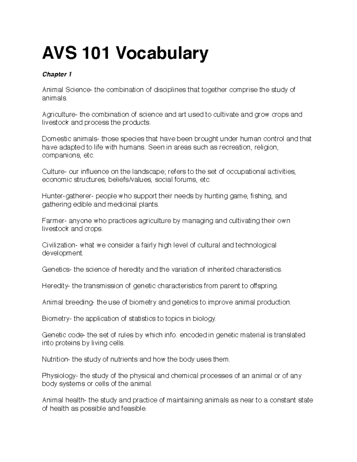 AVS 101 - Notes with Tony Mallilo - AVS 101 Vocabulary Chapter 1 Animal ...