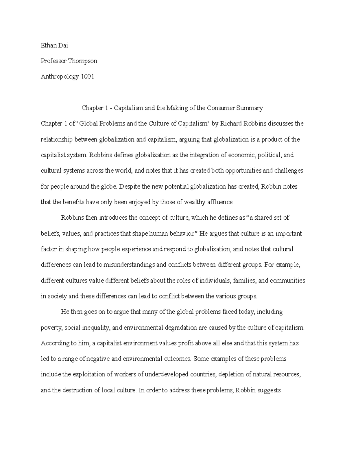 Robbins Chapter 1&2 Summary - Ethan Dai Professor Thompson Anthropology ...