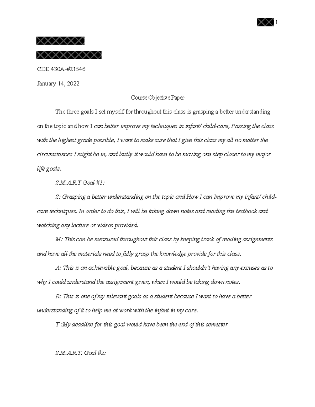 Course Objective Paper - 1 CDE 430A-# January 14, 2022 Course Objective ...